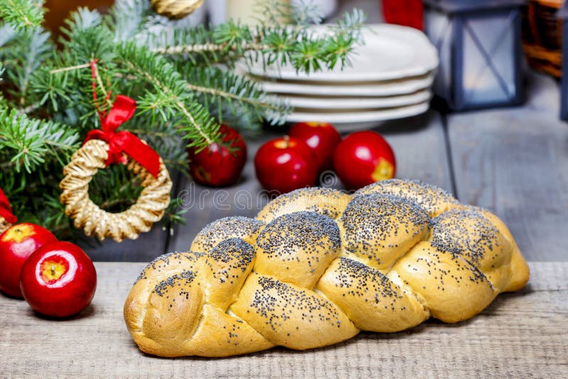 Festive Bread on Christmas Table Stock Image - Image of celebrate ...