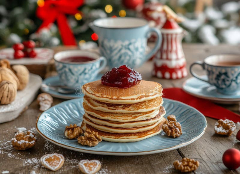 Festive Breakfast Setting with Pancakes and Christmas Decorations Stock ...