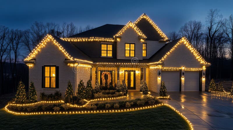 Festive Brick House Adorned with Christmas Lights at Night Stock ...