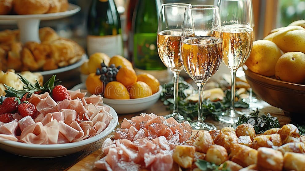 Festive Brunch Buffet with Champagne and Assorted Delicacies Stock ...
