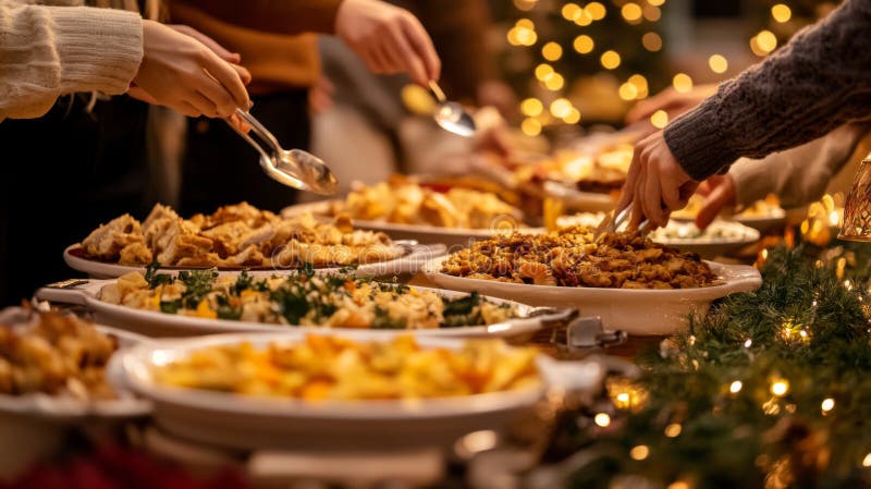 Festive Buffet Table with People Serving Themselves Stock Illustration ...