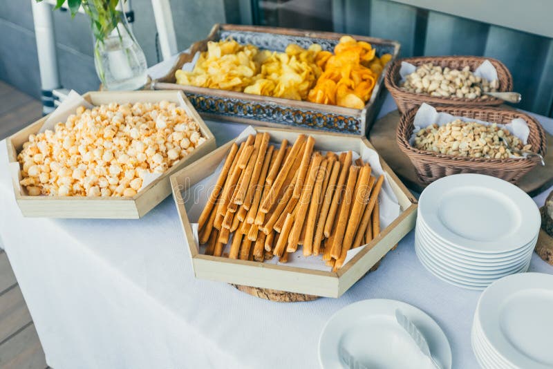 Festive Buffet Table with Various Snacks of Fish and Meat Stock Image ...