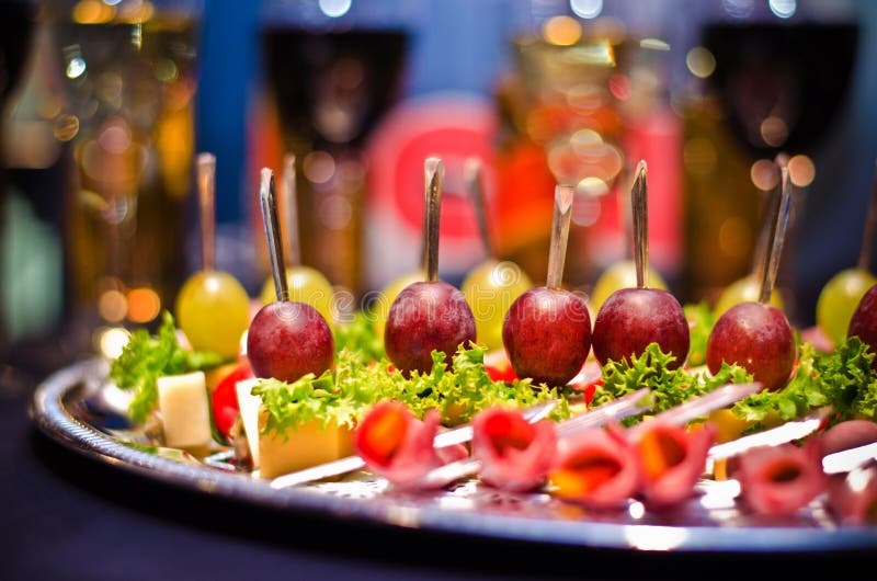 Festive Buffet with Wine and Glasses Stock Image - Image of grape ...