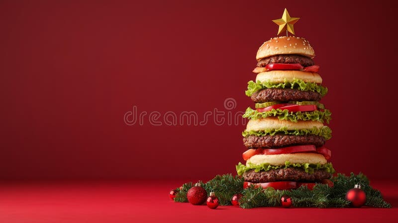 Festive Burger Christmas Tree Isolated Hamburger Stack with Copy Space ...