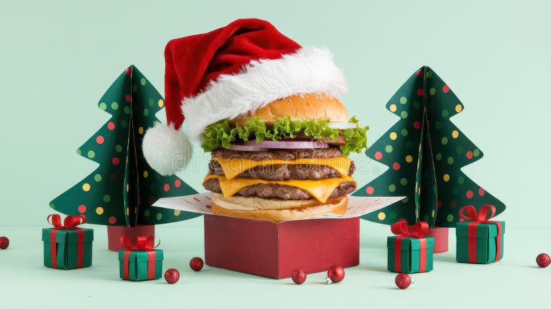Festive Burger with Santa Hat and Christmas Tree Decorations Stock ...