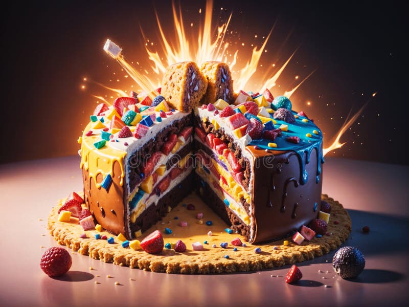 Festive Cake with Cookies, Sweets and Fruits. There is One Piece ...