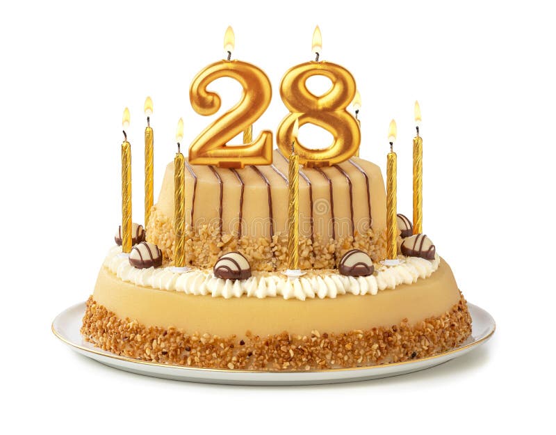 Festive Cake with Golden Candles - Number 28 Stock Photo - Image of ...