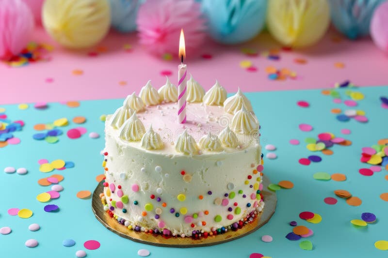 Festive Cake with a Single Candle Stock Image - Image of baked, candle ...