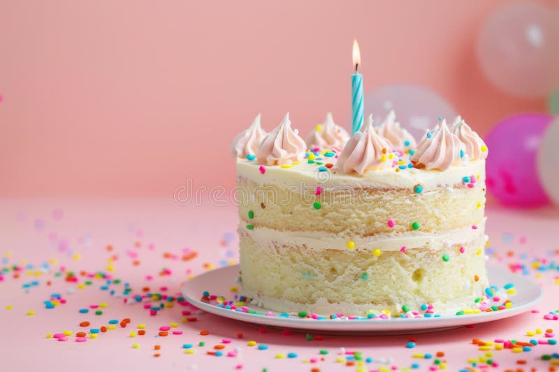 Festive Cake with a Single Candle Stock Photo - Image of sprinkles ...