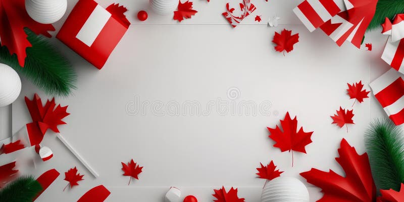 Festive Canadian Holiday Theme with Red Maple Leafs and Gift Boxes ...