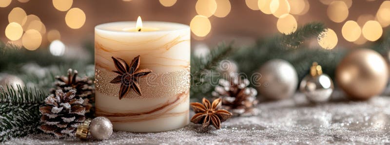 Festive Candle Scene with Pinecones and Glow Bokeh Stock Photo - Image ...