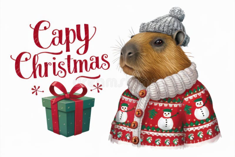 Festive Capybara in Christmas Sweater and Beanie with Gift Box Stock ...