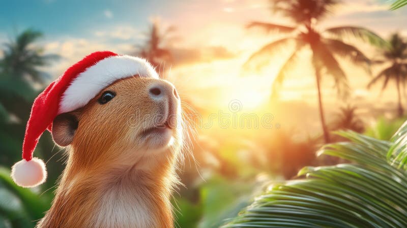 Festive Capybara in Santa Hat Amidst Tropical Sunset and Palm Trees ...