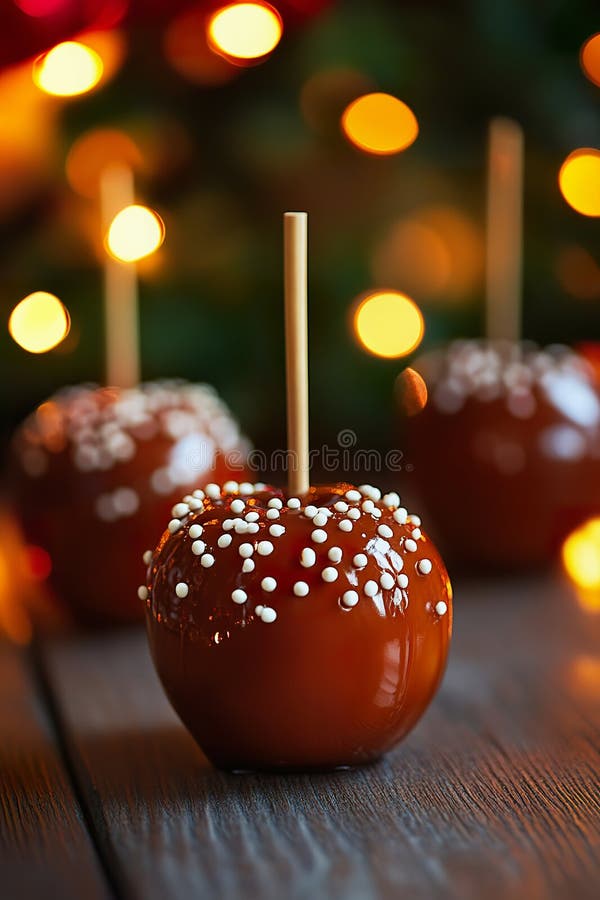 Festive Caramel Apples with Sprinkle Toppings on Wooden Table Stock ...