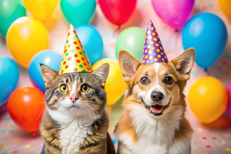 Festive Cat and Dog Birthday Party Studio Shot Stock Illustration ...