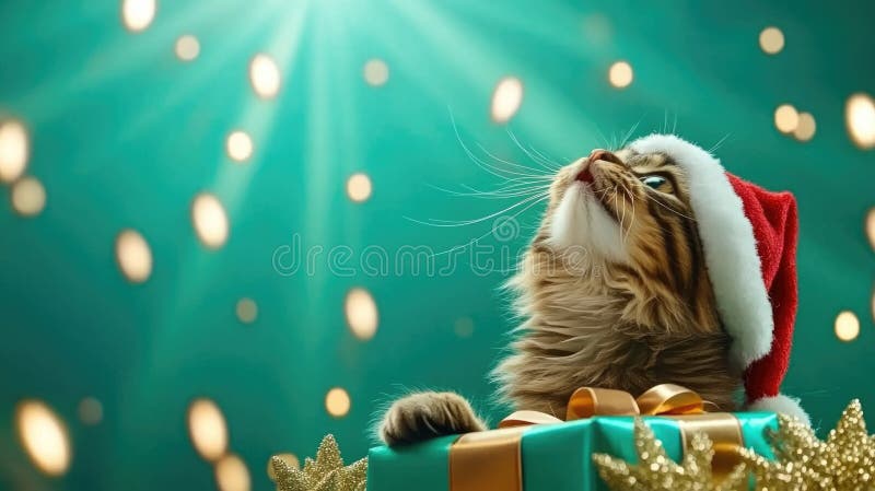 Festive Cat in Santa Hat Gazing at Holiday Lights Stock Photo - Image ...