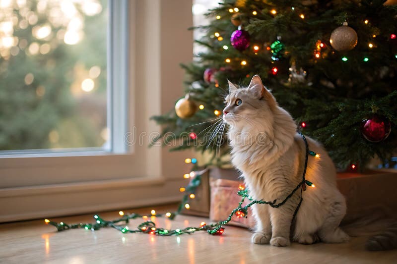 Festive Cat Wrapped in Christmas Lights by a Decorated Tree in Cozy ...