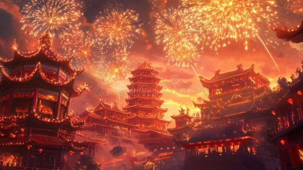 Festive Celebration with Fireworks Over Ancient Chinese Architecture ...