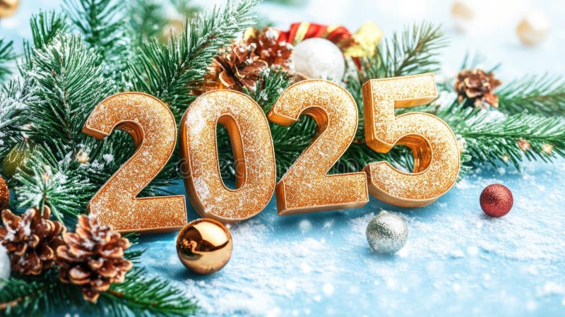 Festive 2025 Celebration with Glittering Golden Numbers and Pine ...