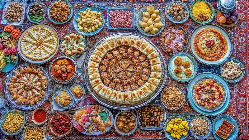 Festive Central Asian Food Spread on Carpet Stock Image - Image of ...