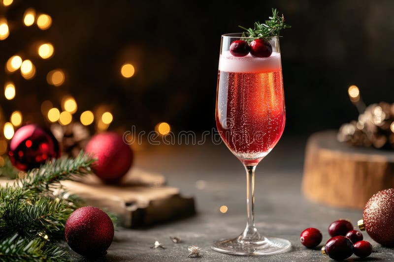 Festive Champagne Glass with Cranberries and Christmas Decorations ...