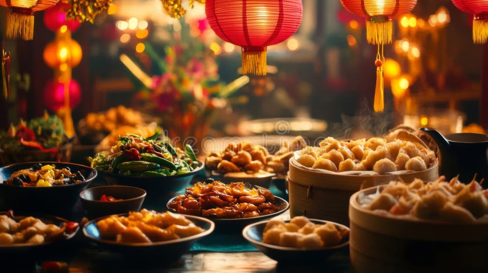 A Festive Chinese Dinner with Dim Sum and Lanterns Stock Illustration ...