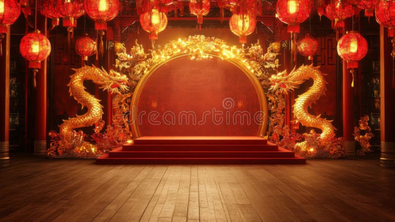 Festive Chinese New Year Stage Decorated with Dragons and Lanterns ...