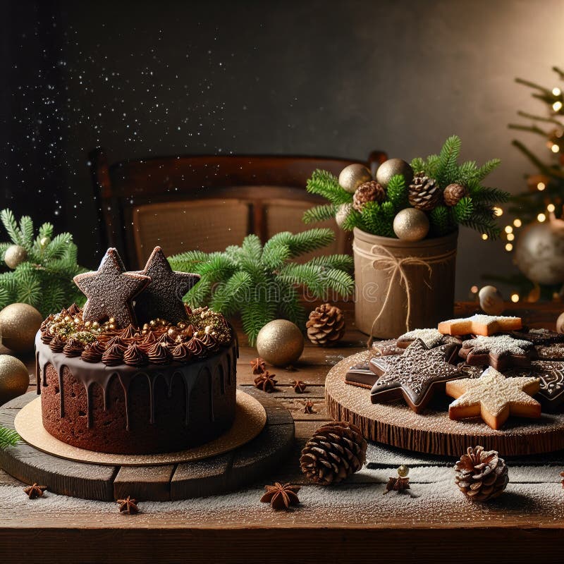 Festive Chocolate Cake on a Rustic Christmas Table Stock Illustration ...