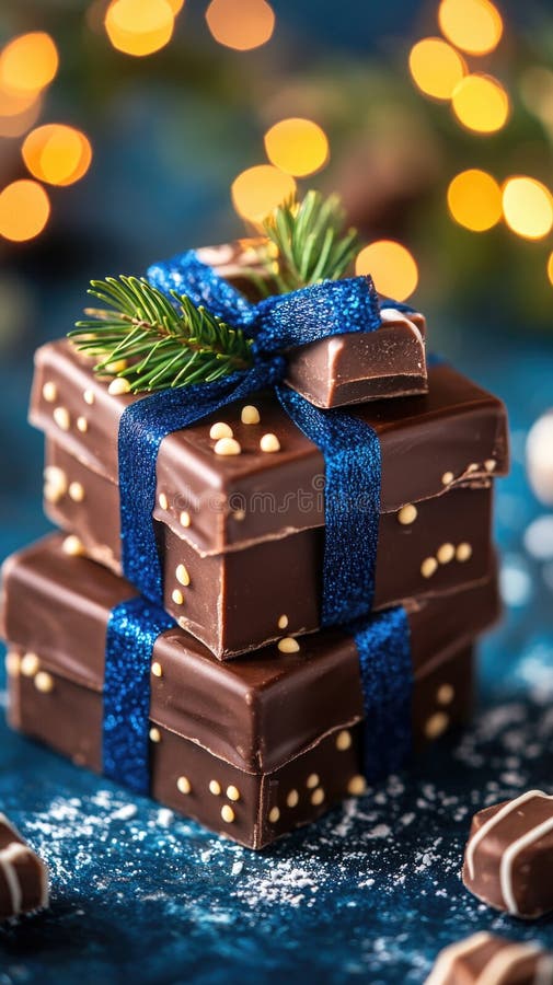 Festive Chocolate Gift Boxes with Blue Ribbon and Holiday Lights Stock ...