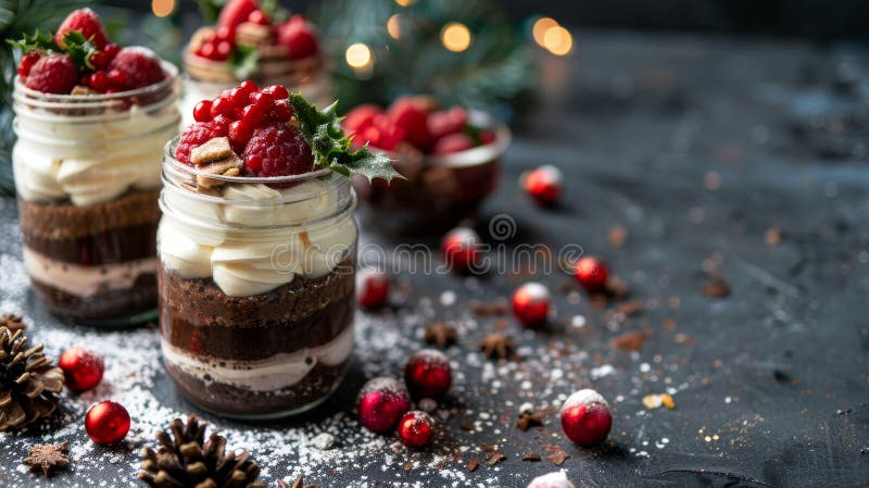 Festive Chocolate Raspberry Layered Dessert in Glass Jars Stock Photo ...