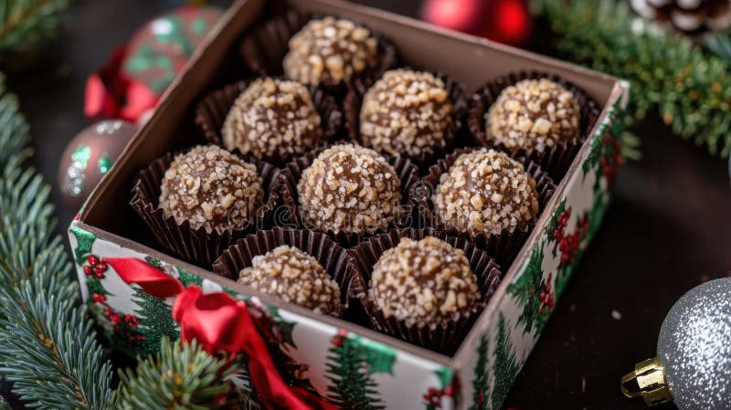 Festive Chocolate Truffles with Nuts in Holiday Box Stock Photo - Image ...