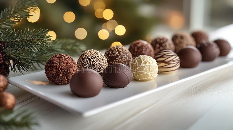 Festive Chocolate Truffles on Platter, Christmas Lights Background ...