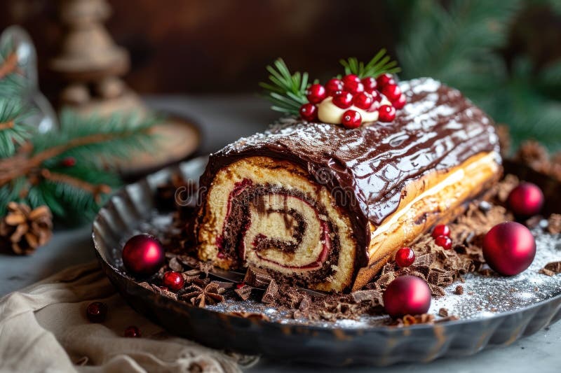 Festive Chocolate Yule Log Cake Decorated with Berries Stock ...