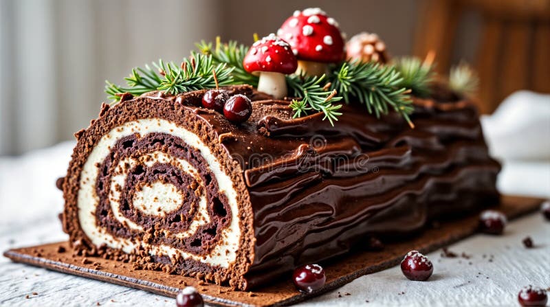 Festive Chocolate Yule Log Cake with Decorative Edible Mushrooms and ...