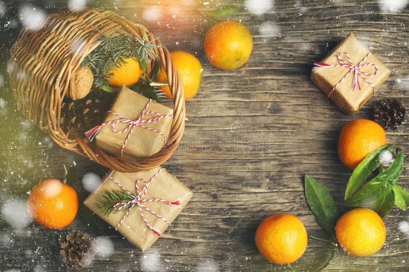 Festive Christmas Basket with Gift Boxes and Tangerines Stock Image ...