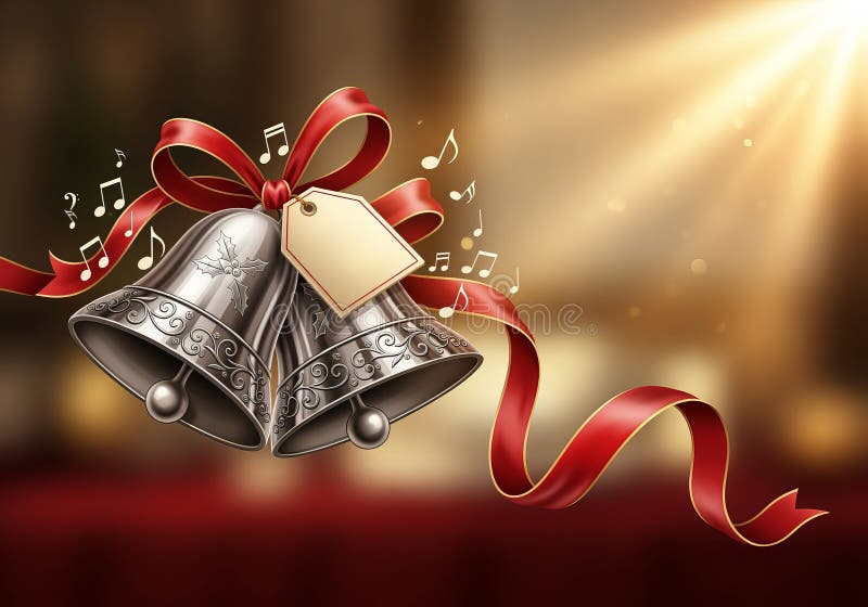 Festive Christmas Bells with Red Ribbon and Music Notes Stock Photo ...