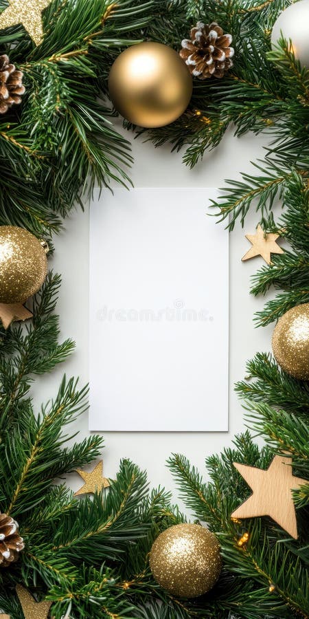 Festive Christmas Border with Pine Branches and Gold Ornaments Stock ...