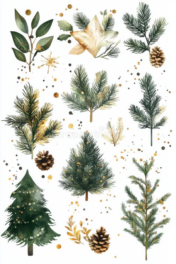Festive Christmas Botanical Illustrations Pine Leaves Design Stock ...