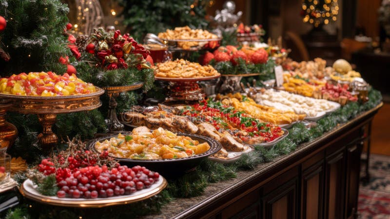 Festive Christmas Buffet Table with a Variety of Delectable Dishes ...