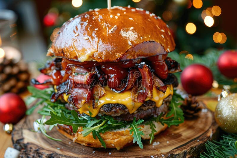 Festive Christmas Burger with Holiday Twinkling Lights and Holiday ...