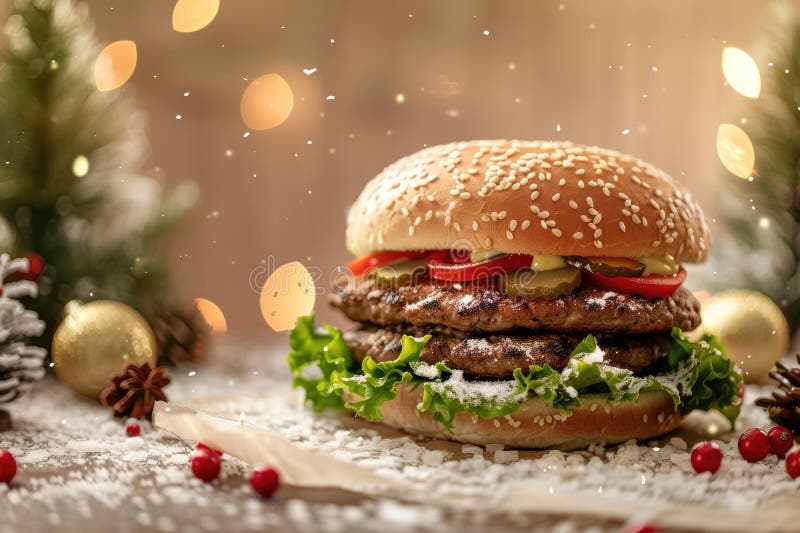 Festive Christmas Burger with Holiday Twinkling Lights and Holiday ...