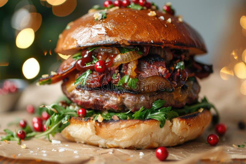 Festive Christmas Burger with Holiday Twinkling Lights and Holiday ...
