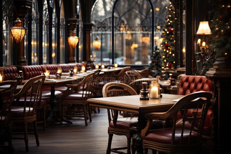 Festive Christmas Caffe with Decorated Christmas Trees Stock Image - Image of cheers, garland ...