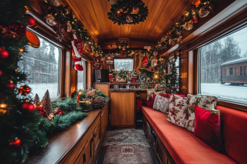 Festive Christmas Decor Inside a Train Cabin Stock Illustration ...