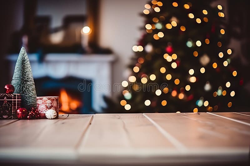 Festive Christmas Desk with Glowing Christmas Tree in the Background ...