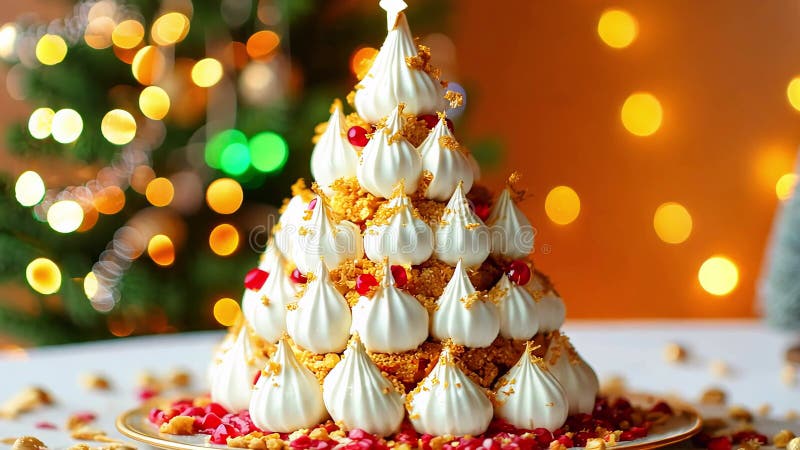 Festive Christmas Dessert with Meringue Tree, Pomegranate, and Nuts in ...