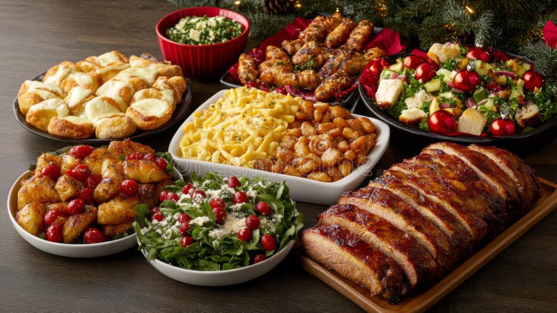 A Festive Christmas Dinner Feast with Many Dishes Stock Illustration ...