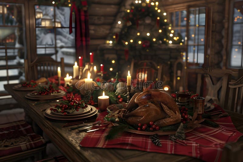 Festive Christmas Dinner Scene in a Rustic Log Cabin with a Roasted ...