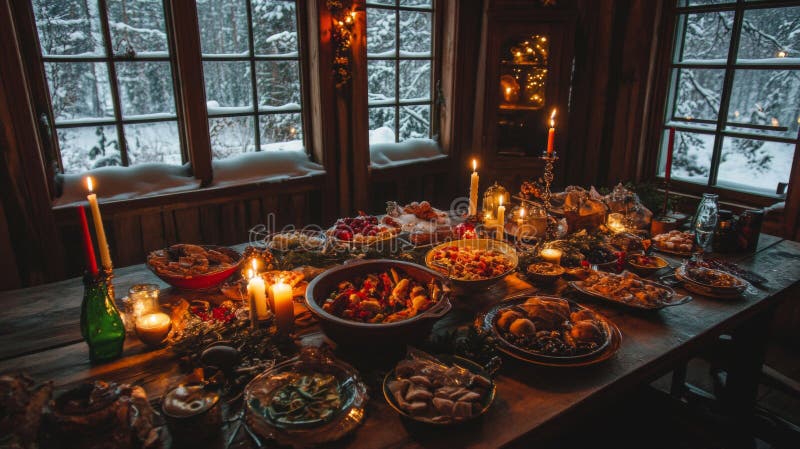 Festive Christmas Dinner Table with Candlelight and Snowy Window View ...
