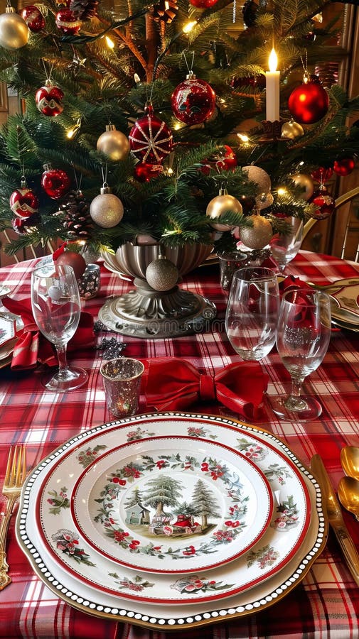 Festive Christmas Dinner Table with Decorated Tree and Elegant ...